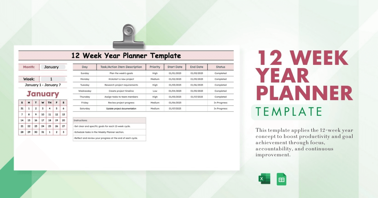 12 Week Year Planner Template - Printable Templates Hub