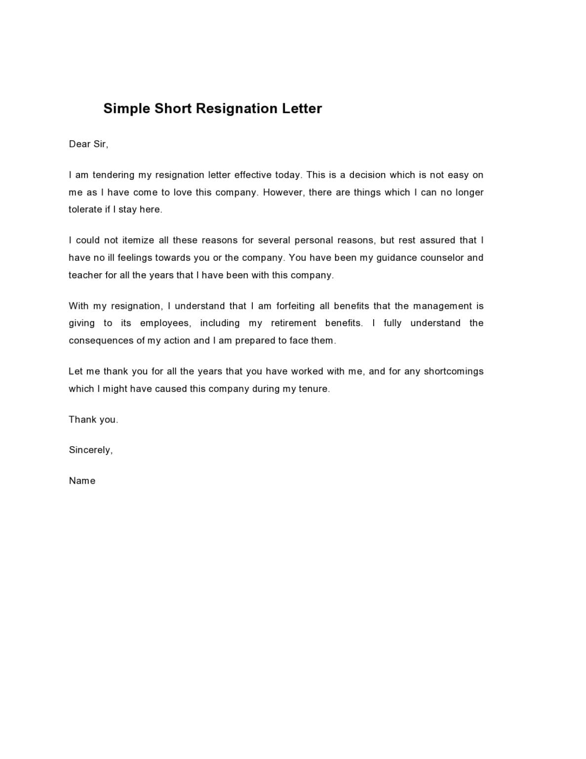Letter Of Resignation Template Short Notice Printable - Printable ...