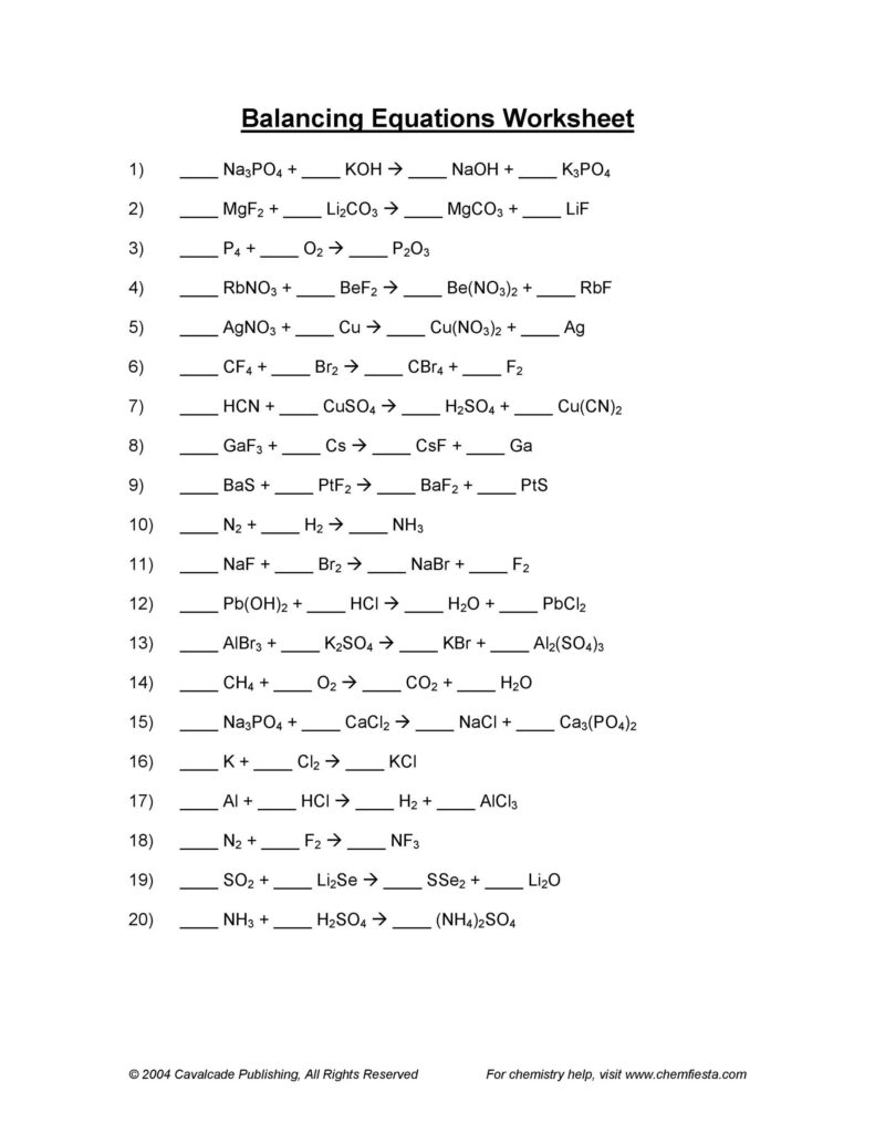 Balancing Chemical Equations Worksheet Printable - Printable Templates Hub