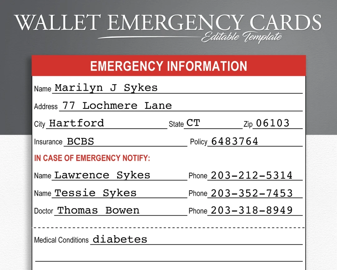 Emergency Medical Information Wallet Card Printable - Printable ...