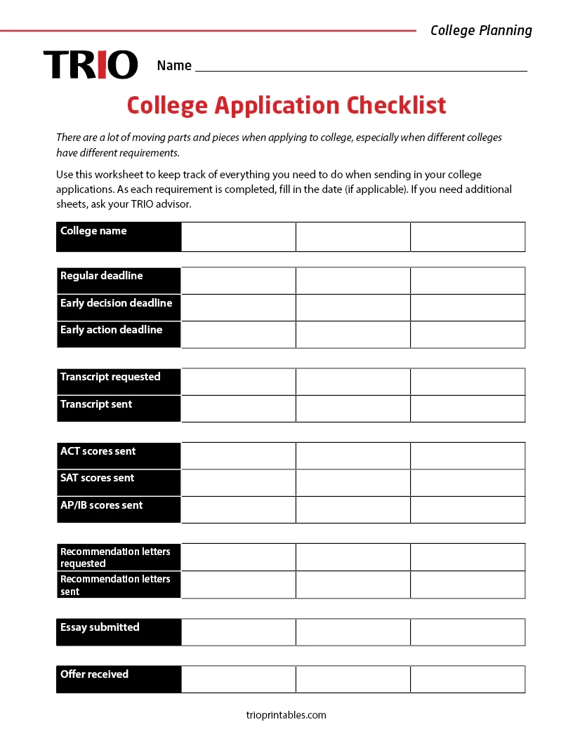 College Application Checklist Template Printable - Printable Templates Hub