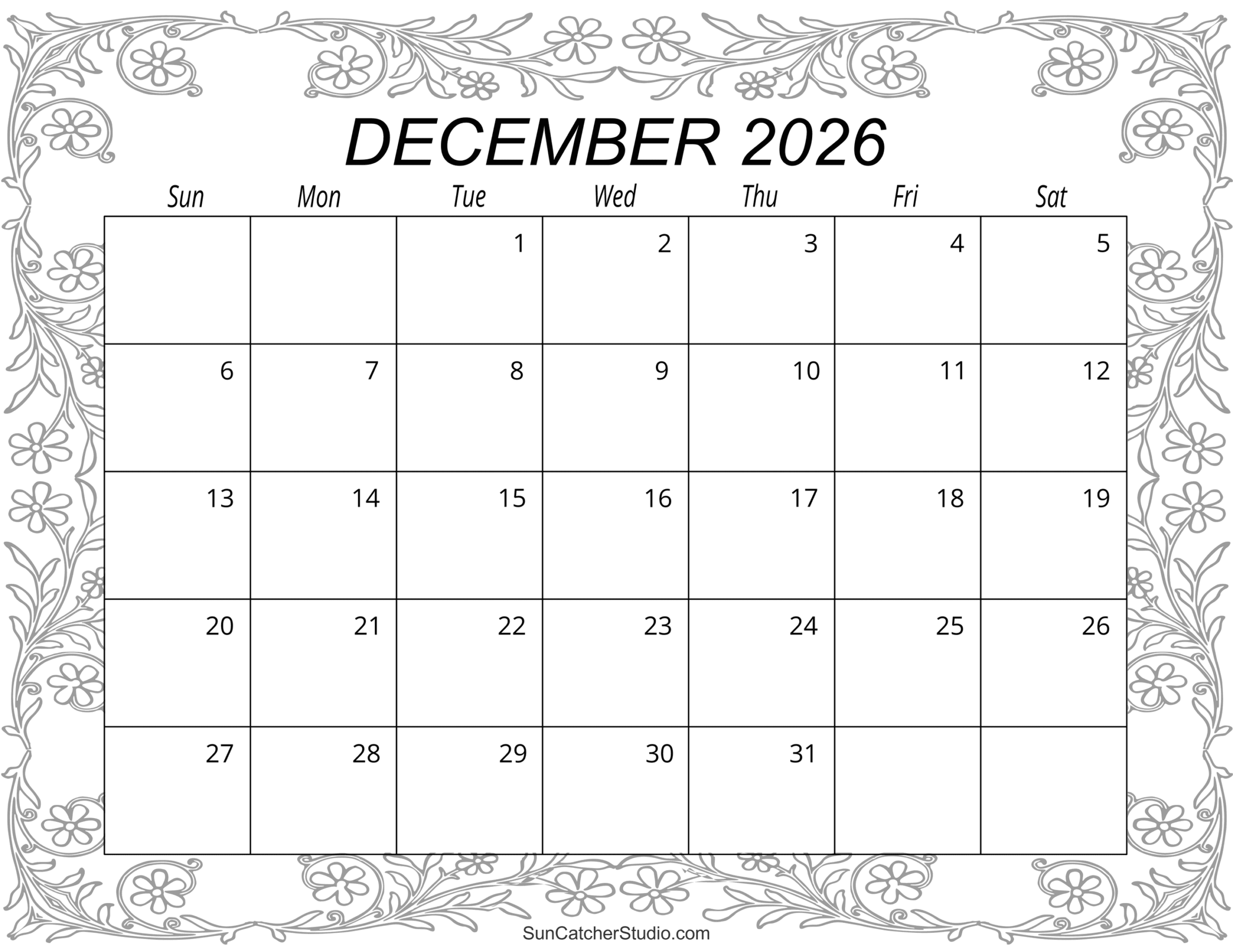 Blank December 2026 Calendar - Printable Templates Hub