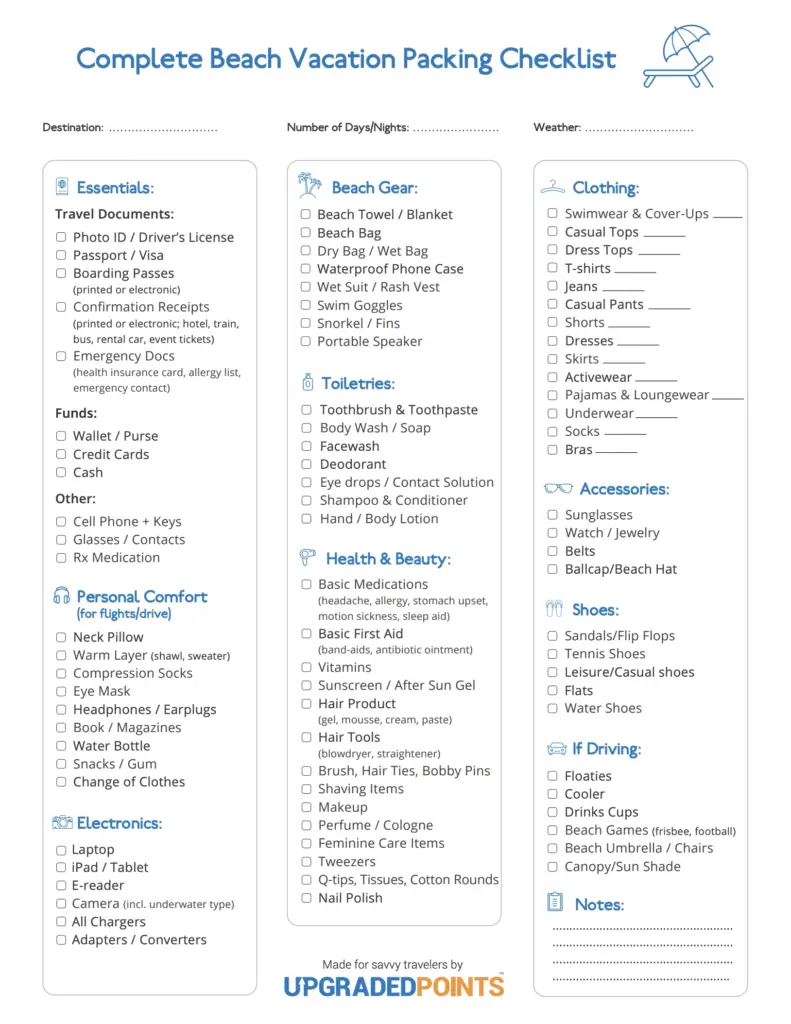 Beach Vacation Packing List Printable - Printable Templates Hub