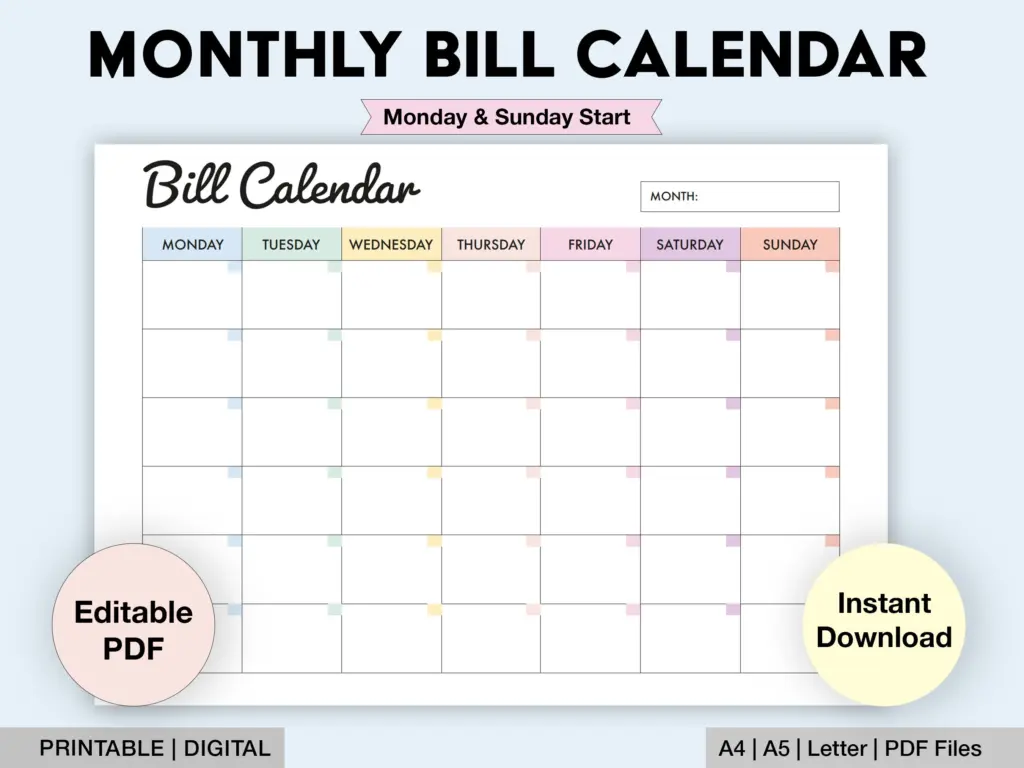 Bill Payment Calendar Printable - Printable Templates Hub