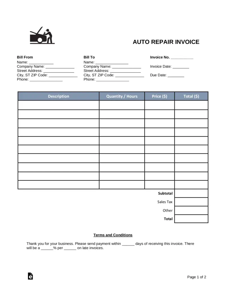 Auto Repair Invoice Template Printable - Printable Templates Hub