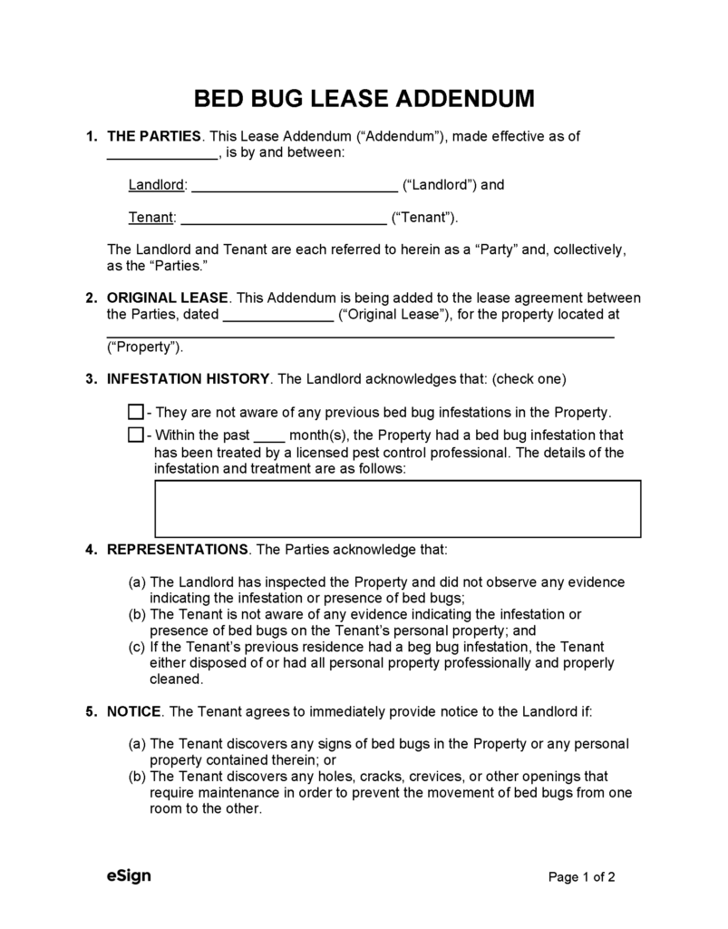 Bed Bug Addendum To Lease Printable - Printable Templates Hub