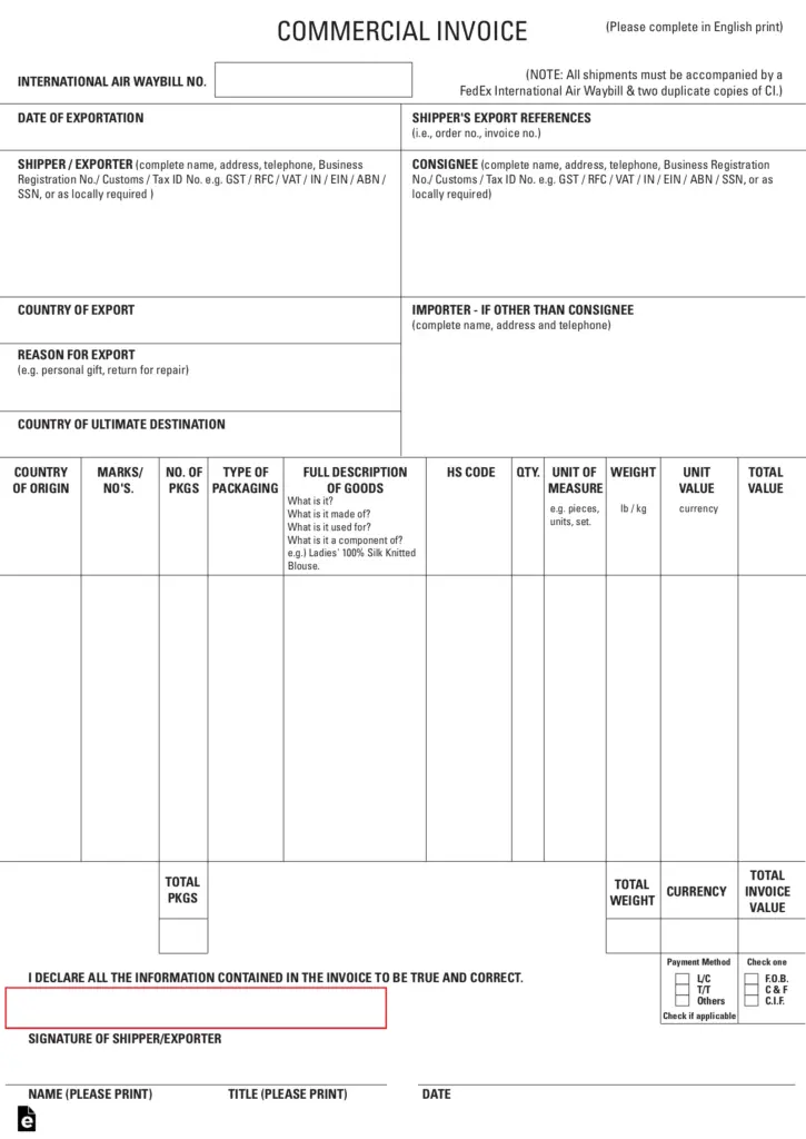 Commercial Invoice Export Printable - Printable Templates Hub