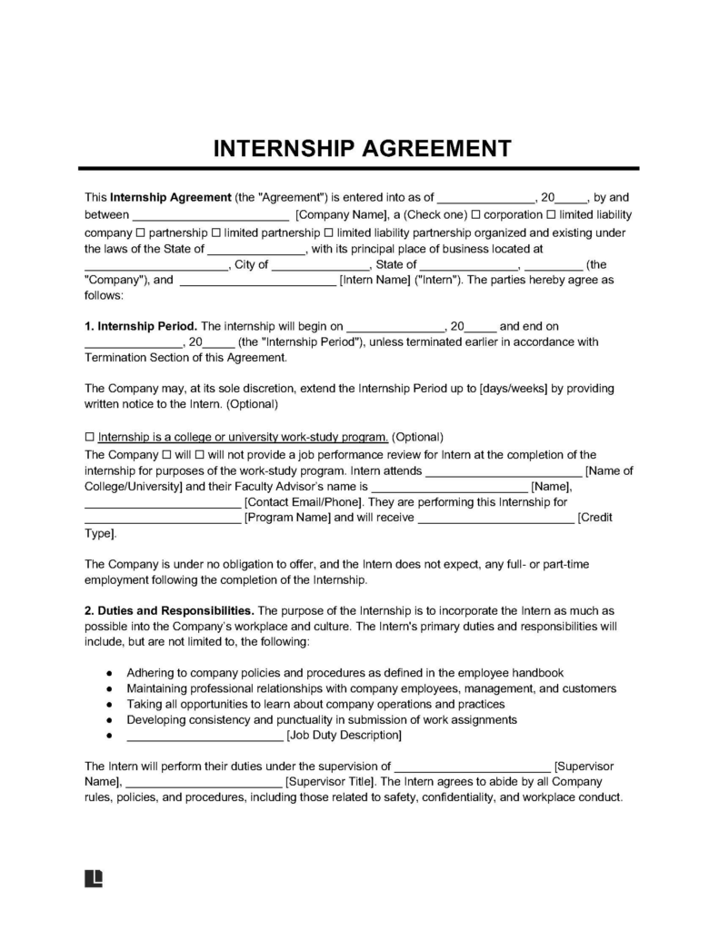 Internship Agreement Form Template Printable - Printable Templates Hub