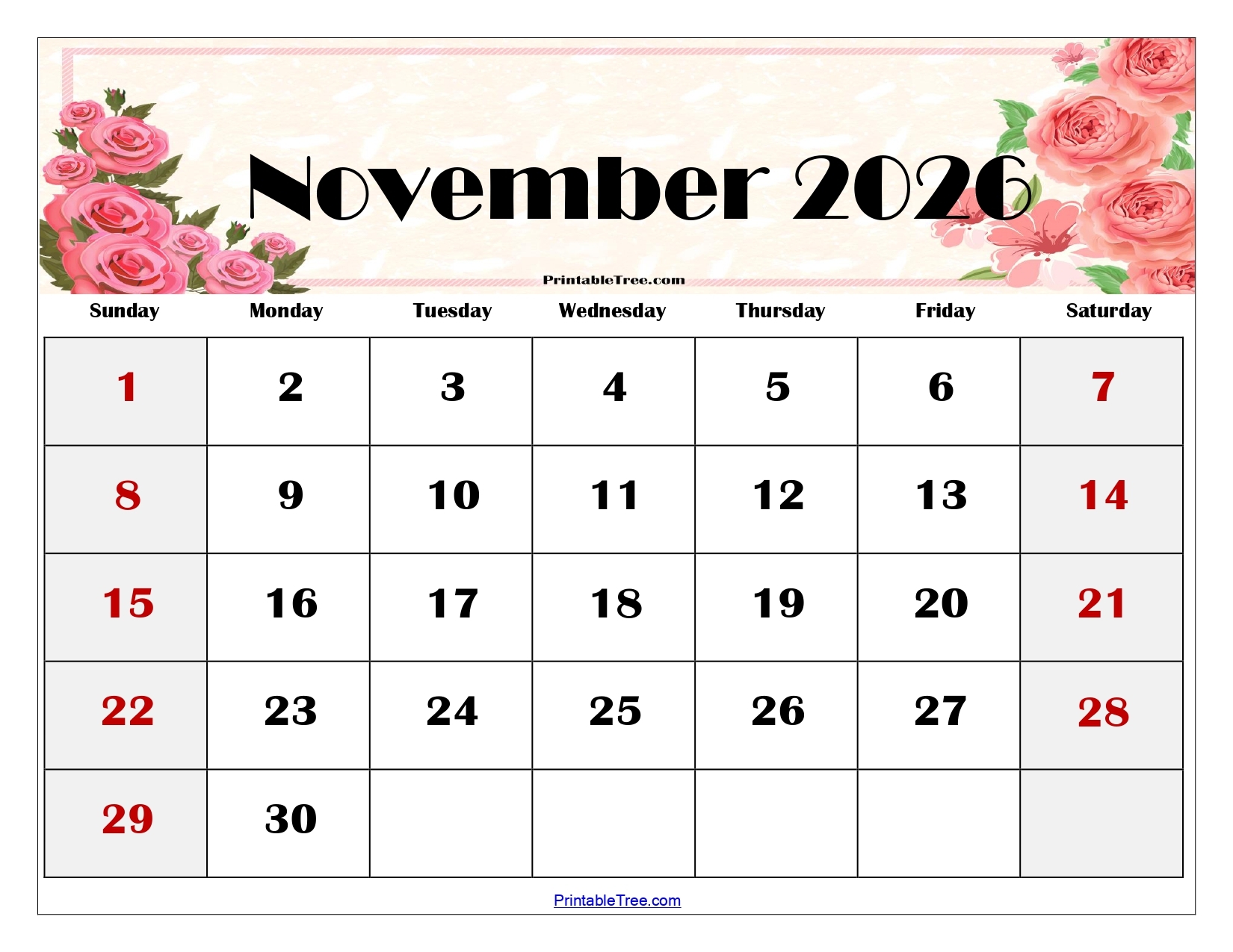 Free Printable November 2026 Calendar With Holidays - Printable ...
