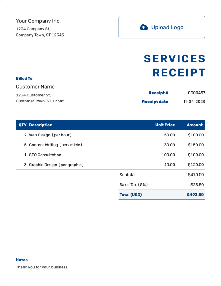 Receipt Template For Services Rendered Printable - Printable Templates Hub