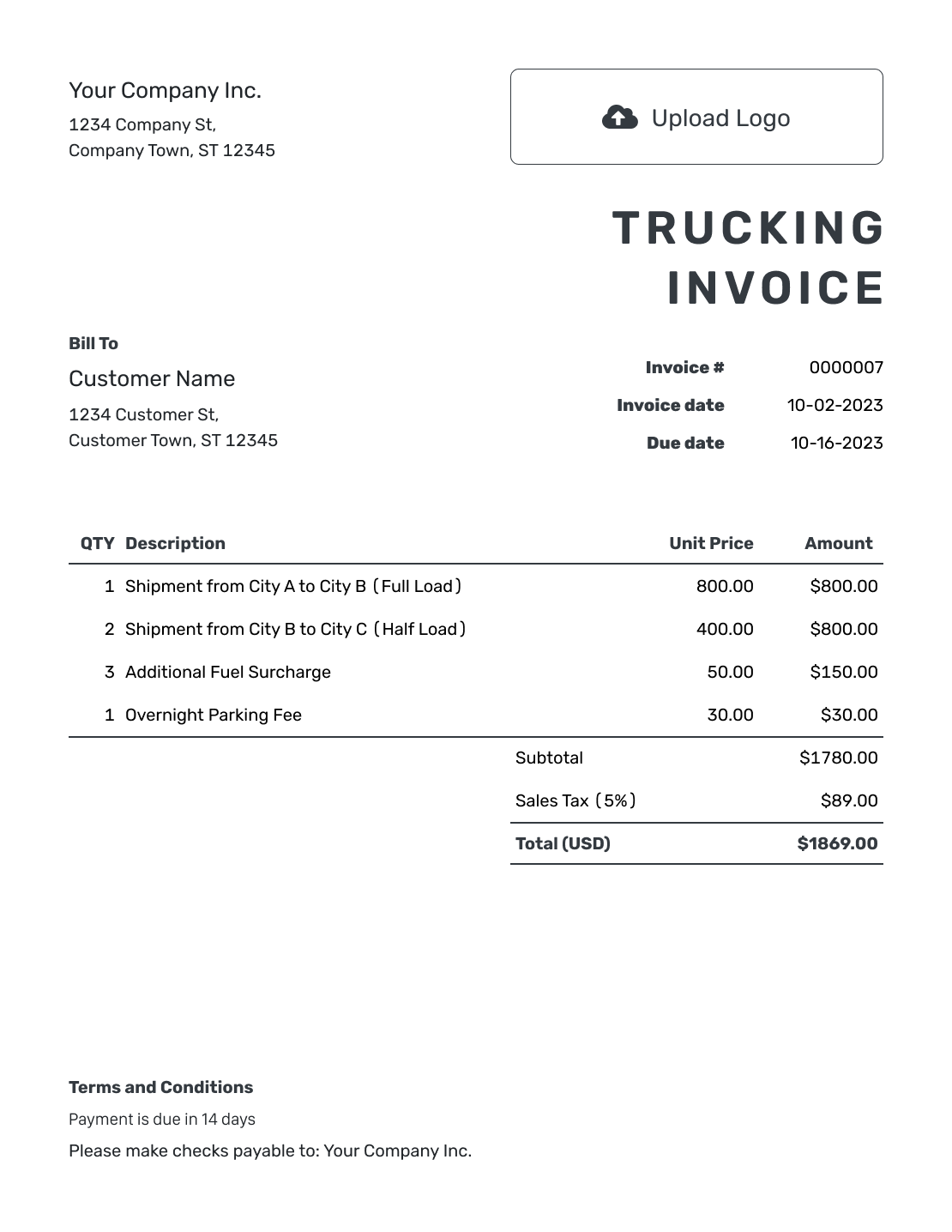 Freight Invoice Template Printable - Printable Templates Hub