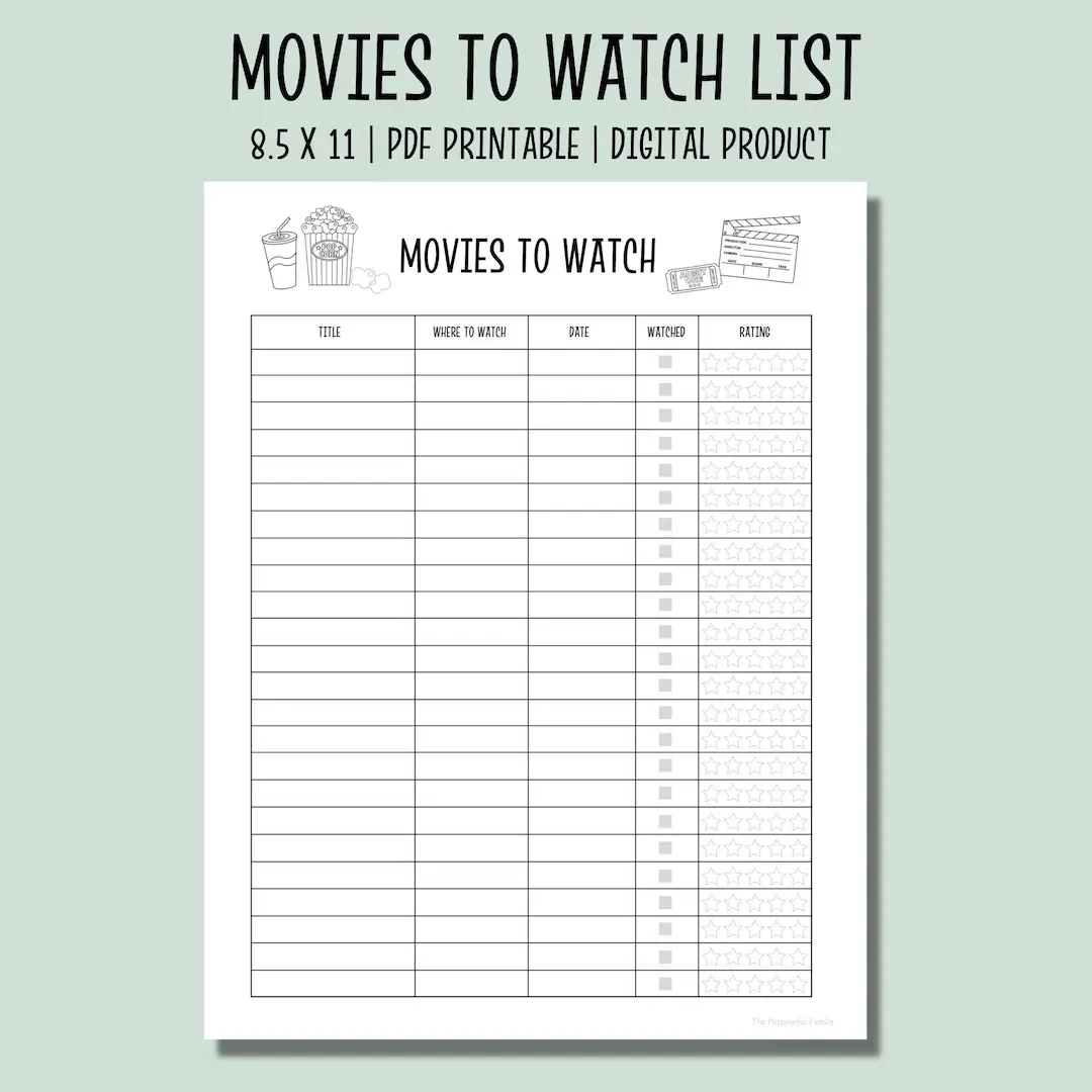 Movie Watchlist Printable With Rating - Printable Templates Hub