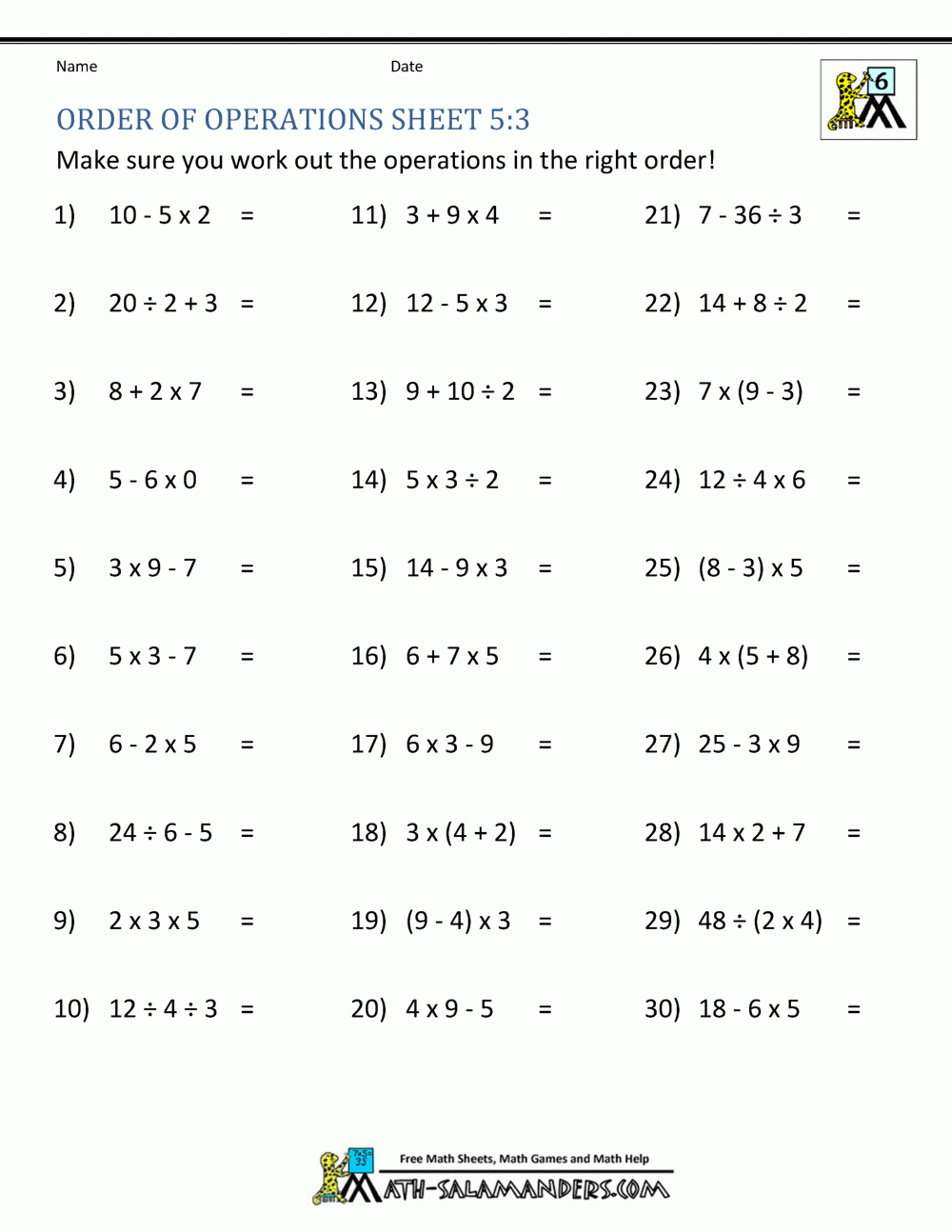 Order Of Operations Pemdas Worksheets With Answers Printable ...
