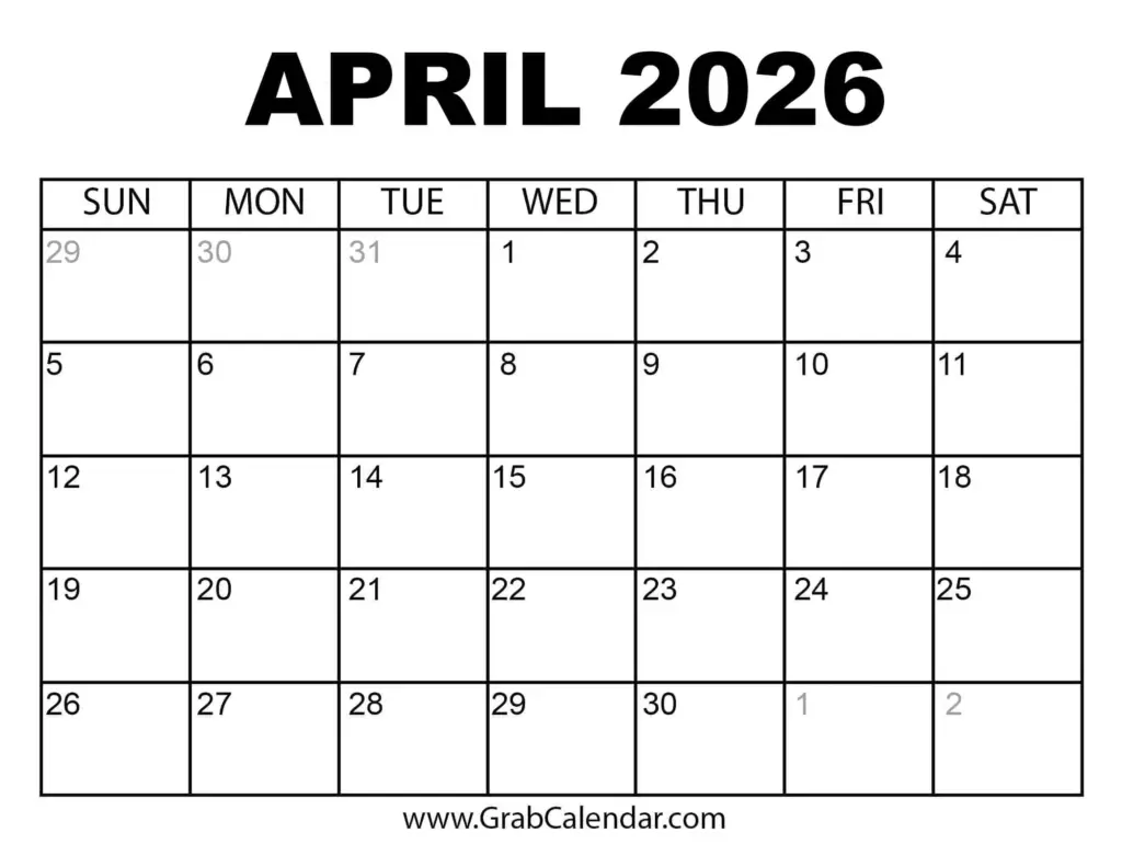 2026 April Calendar Printable - Printable Templates Hub