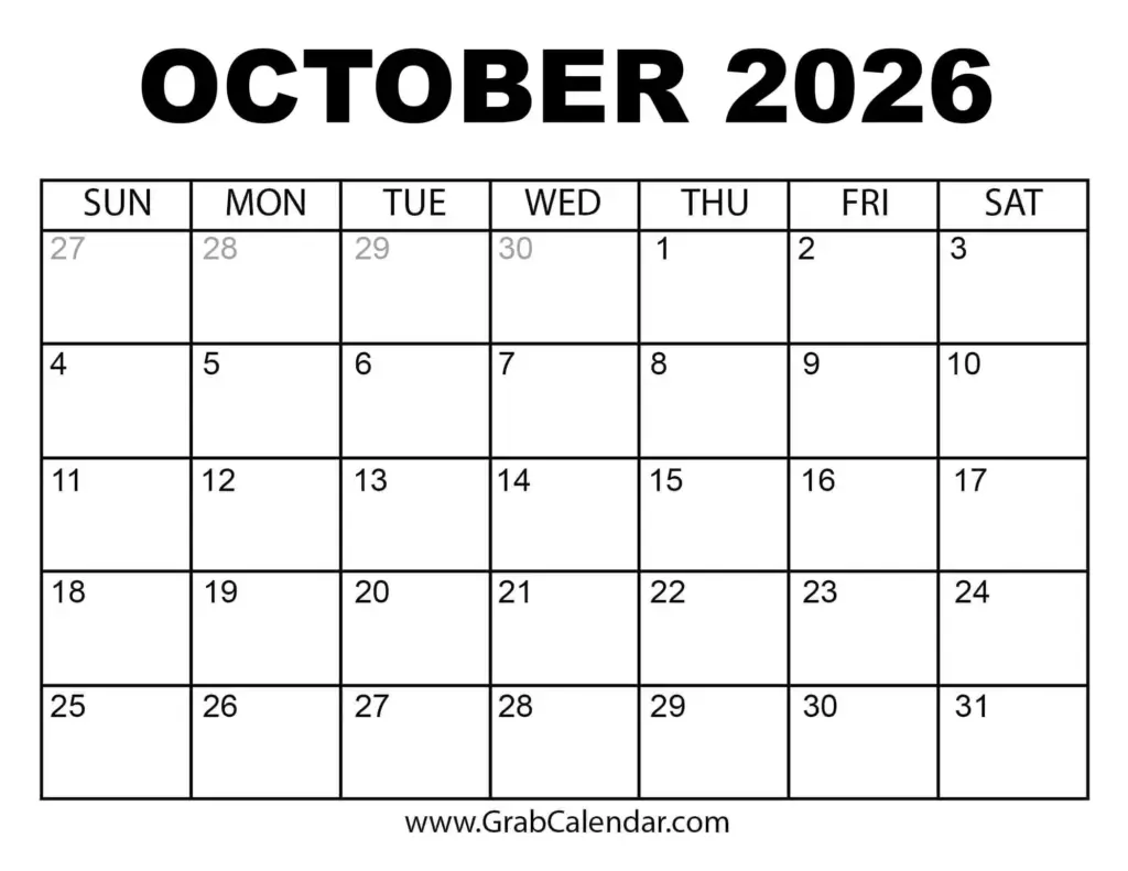 Printable Calendar October 2026 - Printable Templates Hub