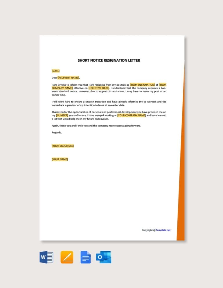 Resignation Letter Template Short Notice Printable - Printable ...